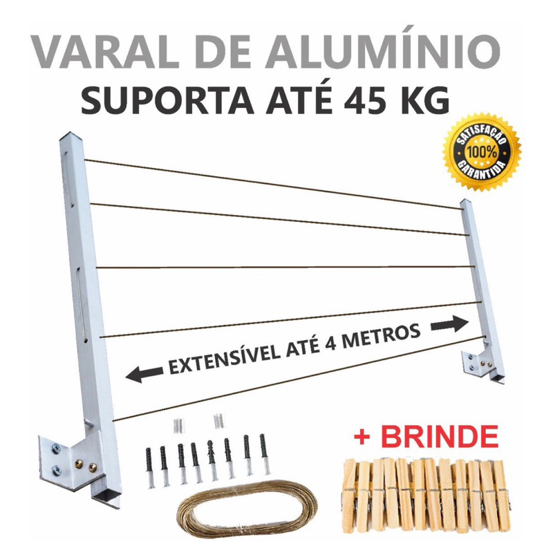 Kit Varal Articulado Retrátil 45KG Alumínio 20M Pregador De Roupas ...