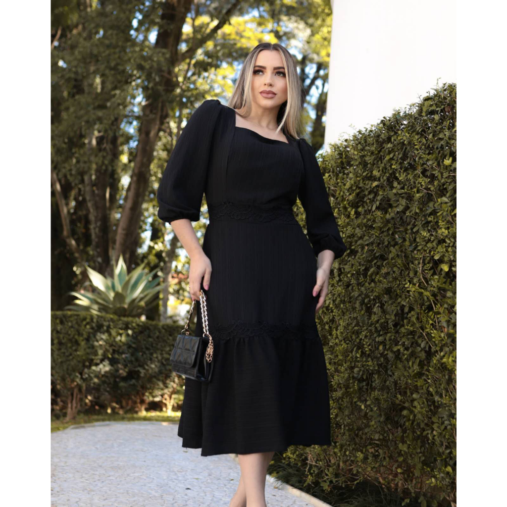 L.L.MODAS FEMININA vestido feminina social midi com detalhes gripir /manga3/4/moda evangelica ...