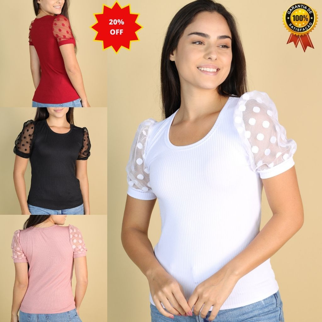 Moda Evangélica Blusa Tule Roupa Feminina Bolinha Manga Bufante Luxo ...