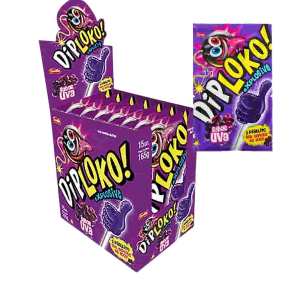 PIRULITO COM BALA DIPLOKO Explosivo DipLoko Boom Sabores caixa 15 unid ...