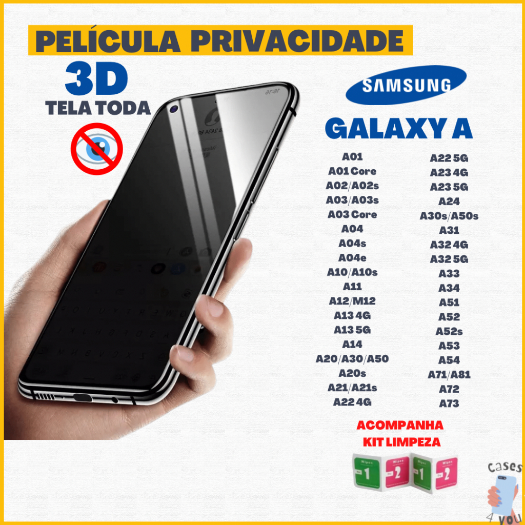 Película 3D Privativa Samsung Galaxy A Privacidade Anti Espião Espionagem Vidro A01 A02 A02s A03 ...
