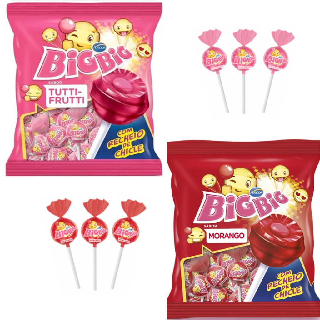 Pirulito BIG BIG com Recheio de Chicle sabores Tutti-Frutti ou Morango ...