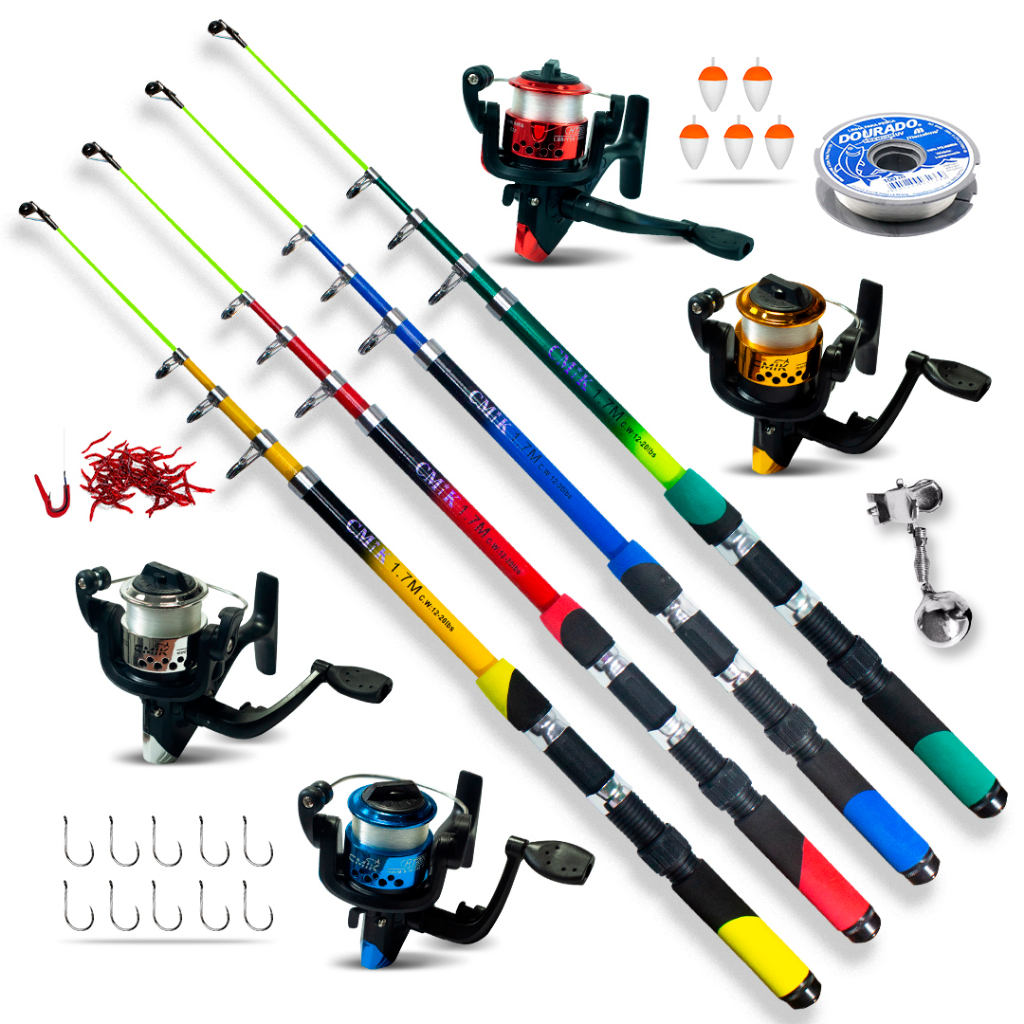 Kit Pescaria Vara de Pesca Telescópica 1.70M + Molinete com Linha Conjunto Vara + Molinete ...