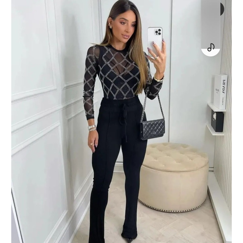 Body manga longa pedraria brilho bory feminino | Shopee Brasil
