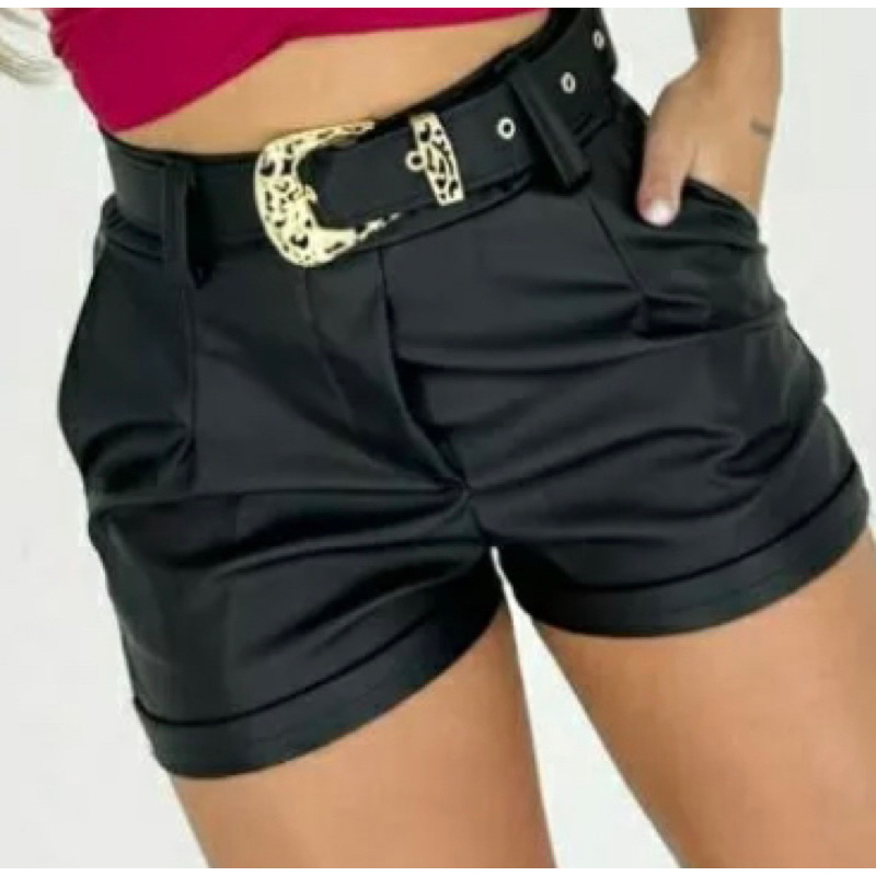 Shorts Couro Fake Feminino Com Cinto Bermuda Feminina Cintura Alta ...