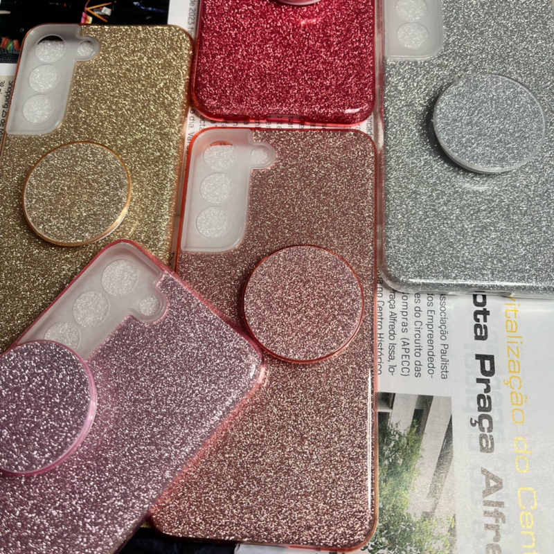 (Com Pop Socket)Capinha Glitter Brilho Com Pop Socket Para Samsung S22,S22Plus,S23,S23Plus,S20Fe ...