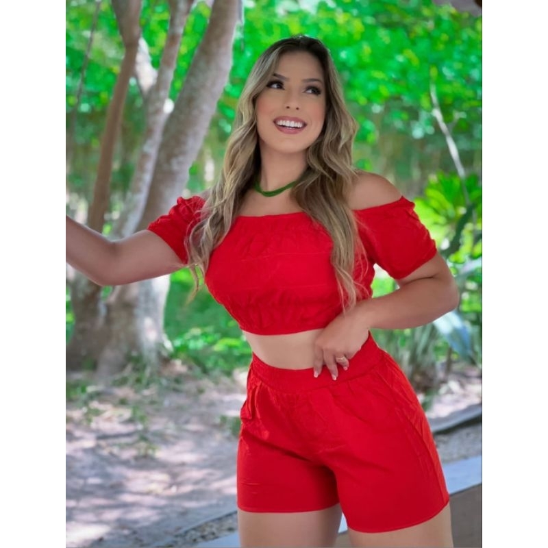 Conjunto feminino cropped e short em viscose moda blogueira | Shopee Brasil