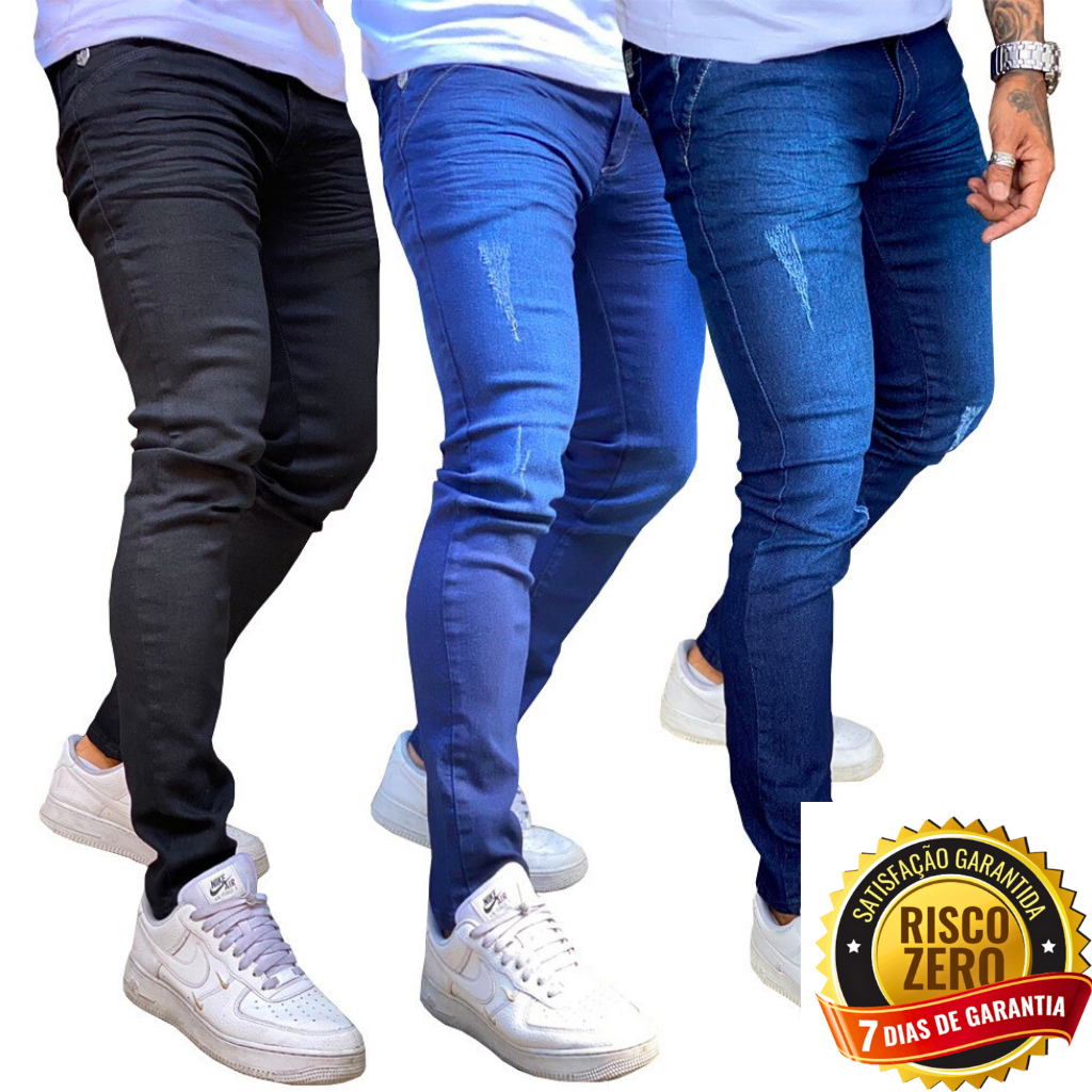 Kit 3 Calça Jeans Masculina Alfaiataria Sarja Slim Skinny Social
