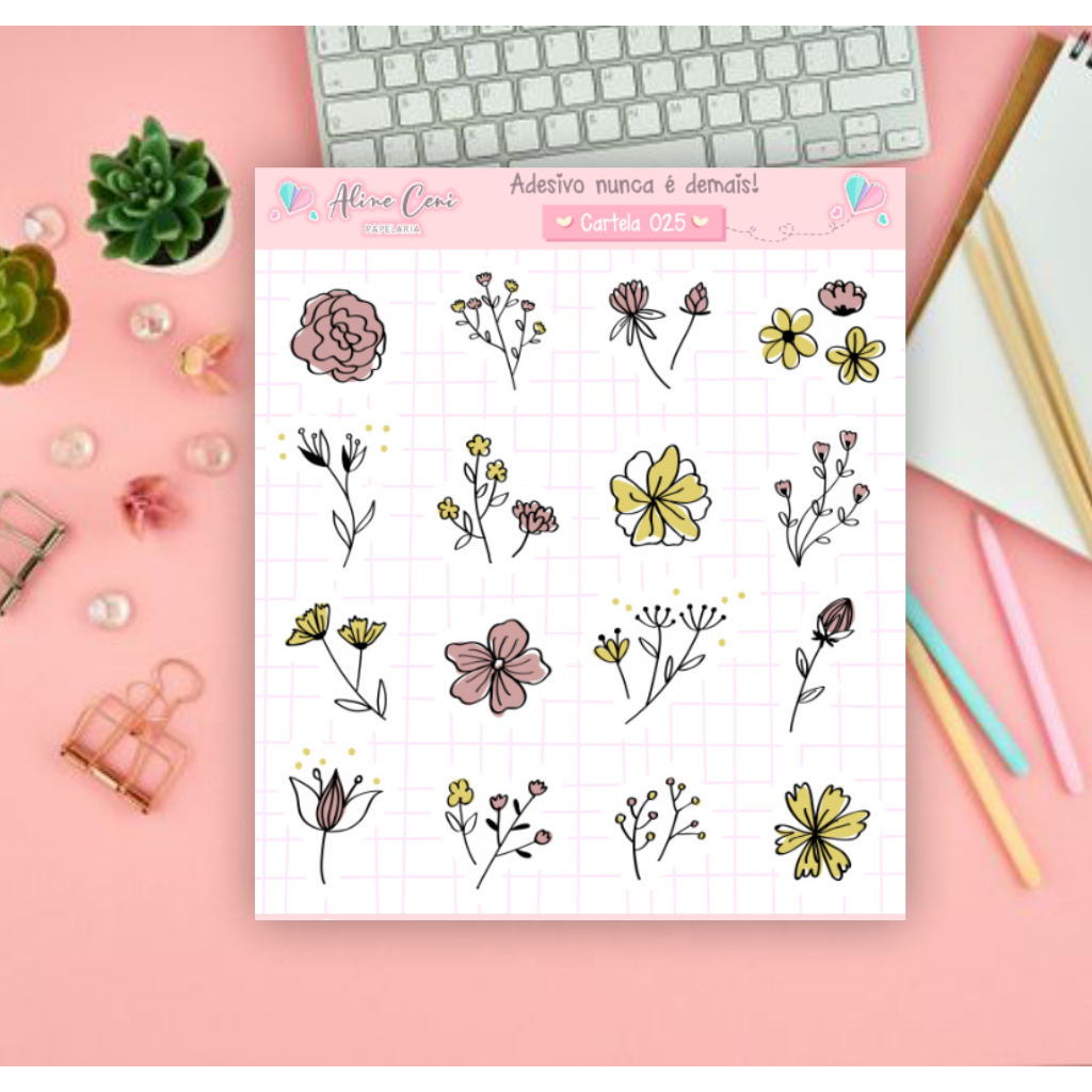 Cartela de Adesivo n 025 - Adesivo floral, galhos e flores para decorar ...