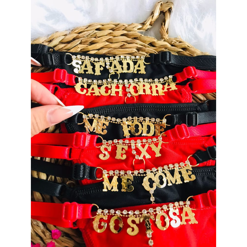 Calcinha Frase Tanga Com Escrita Em Strass Pingente Sensual Modelo Fio