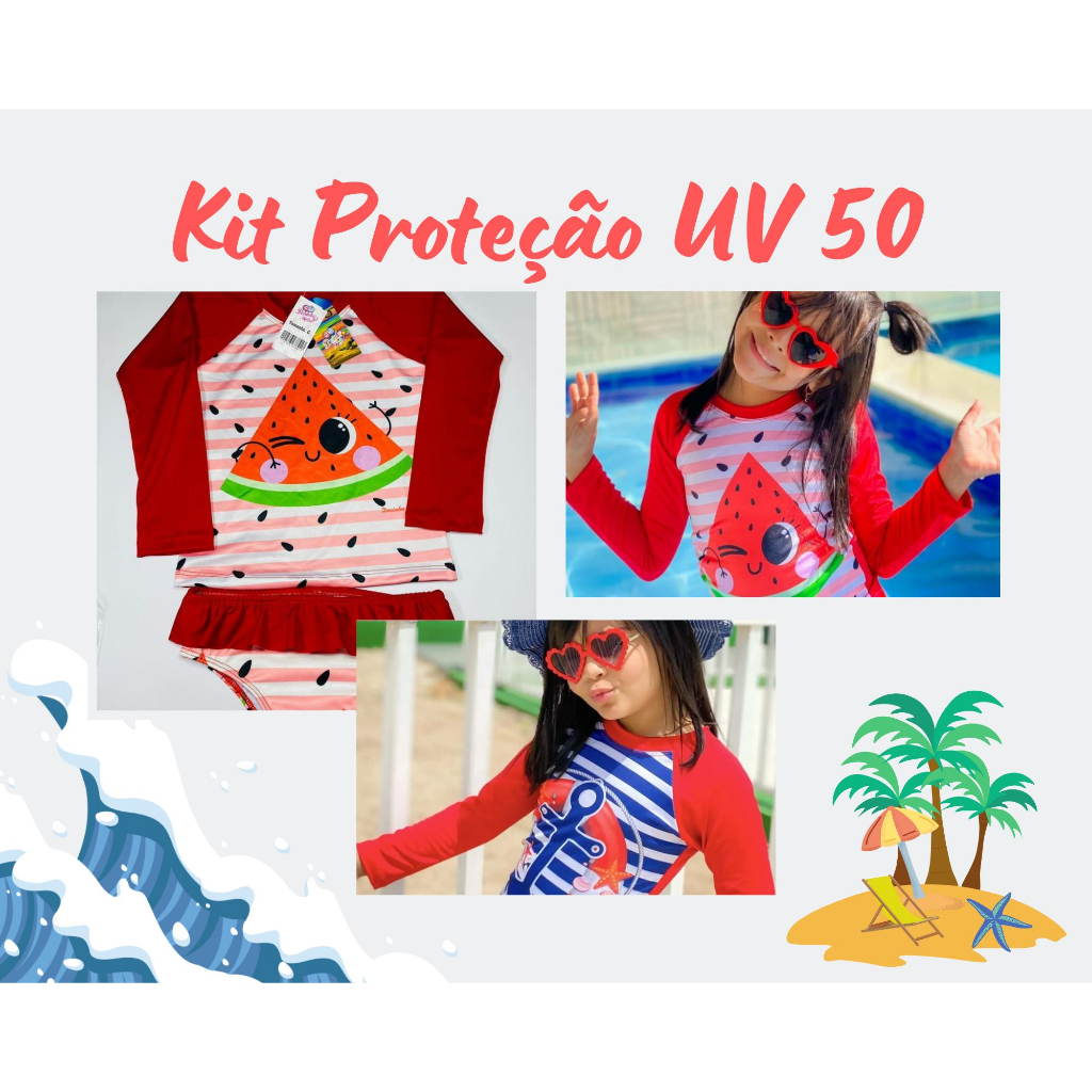 Moda Praia Infantil Menina Kit Roupinha de Praia Infantil UV50 Blusa e ...
