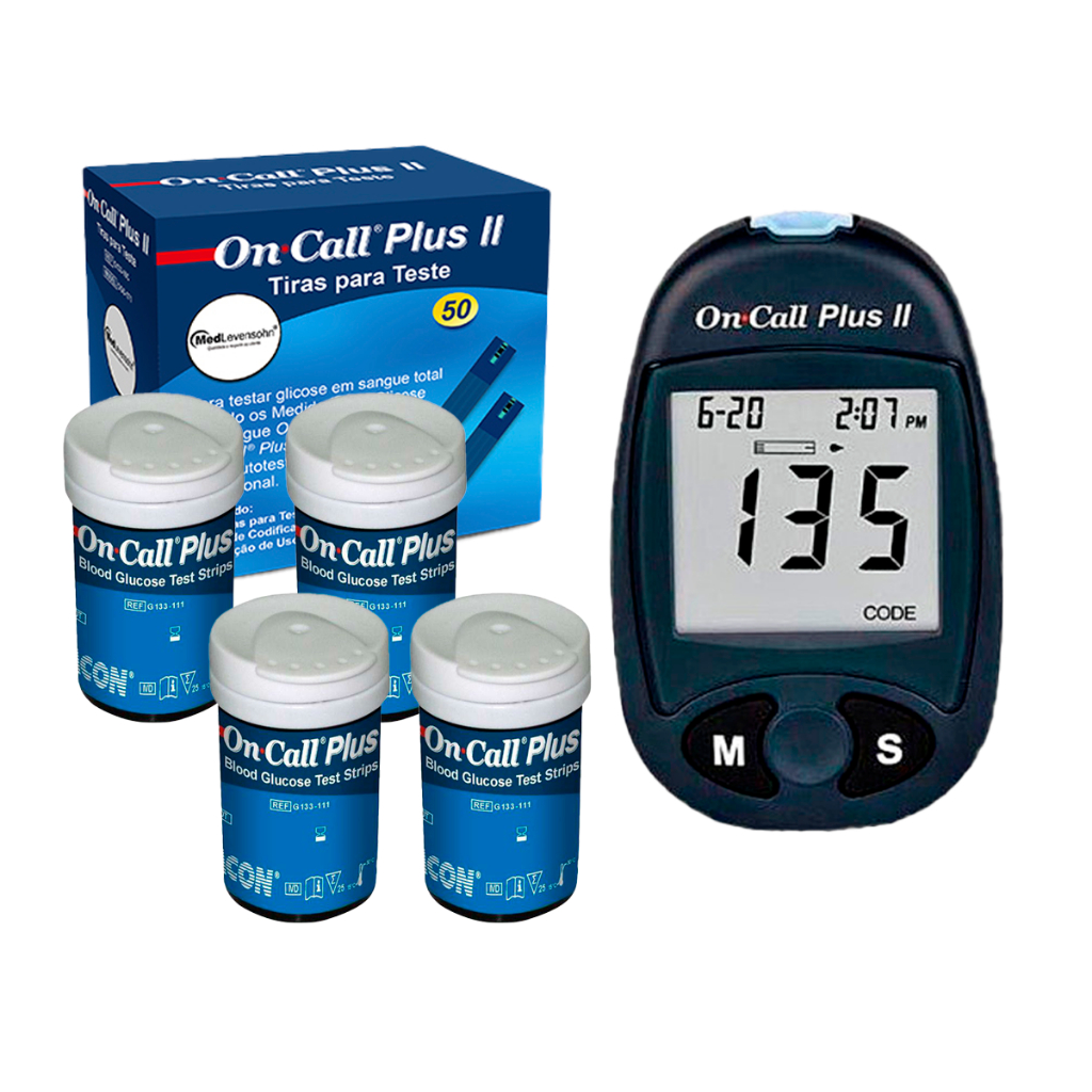 200 Tiras (4 Tubetes) + Aparelho para Medir Glicose On Call Plus II Kit ...