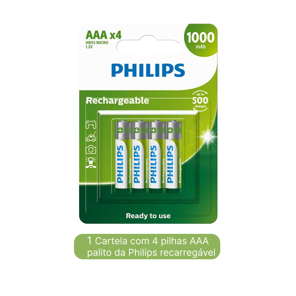Pilha AAA Palito Philips Recarregável Tipo modelo 3A Cilindrico Redonda ...