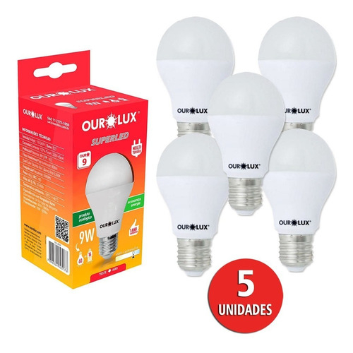 Kit 5 Lâmpadas Superled Ourolux 9w 6500k Bivolt Branca Fria | Shopee Brasil