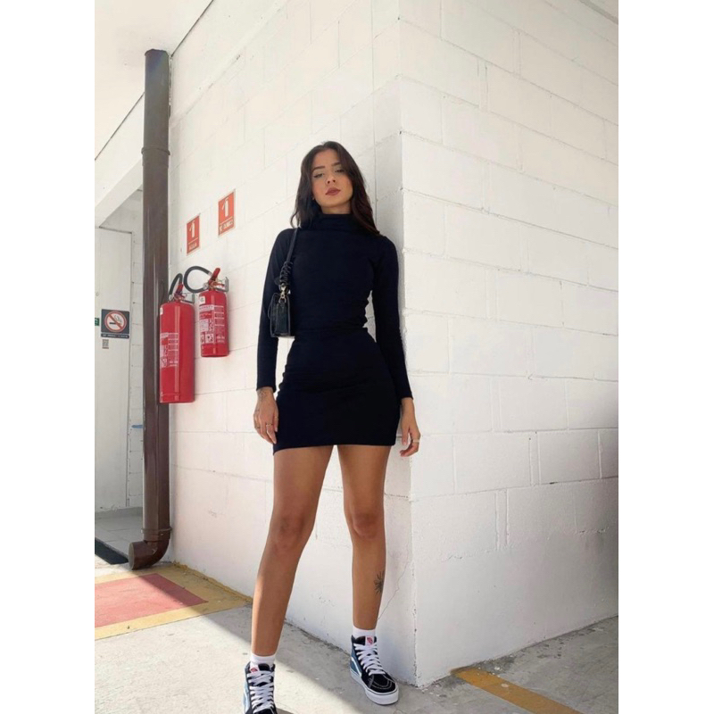 vestido Bianca gola alta manga longa no suplex com forro | Shopee Brasil