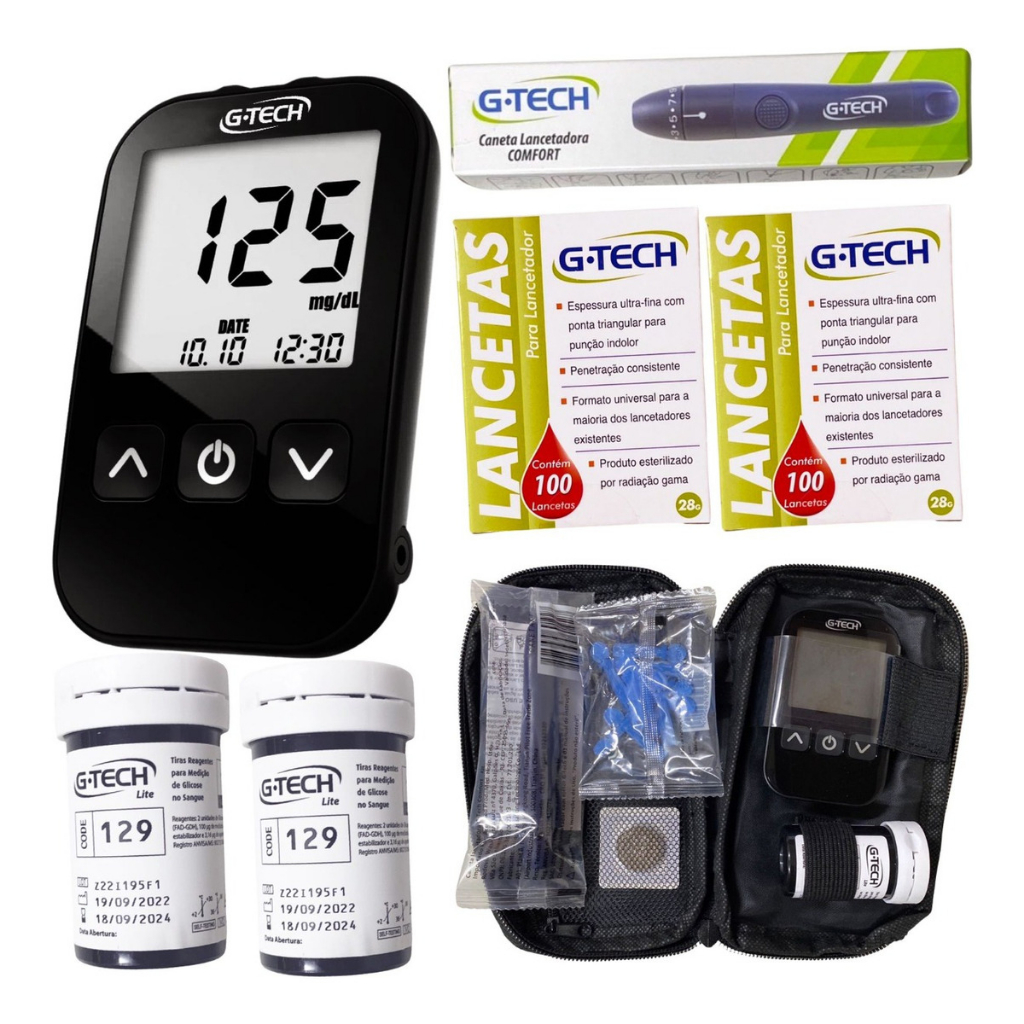 Aparelho Medir Diabetes Gtech Lite + 35 Tiras + 210 Lancetas | Shopee ...