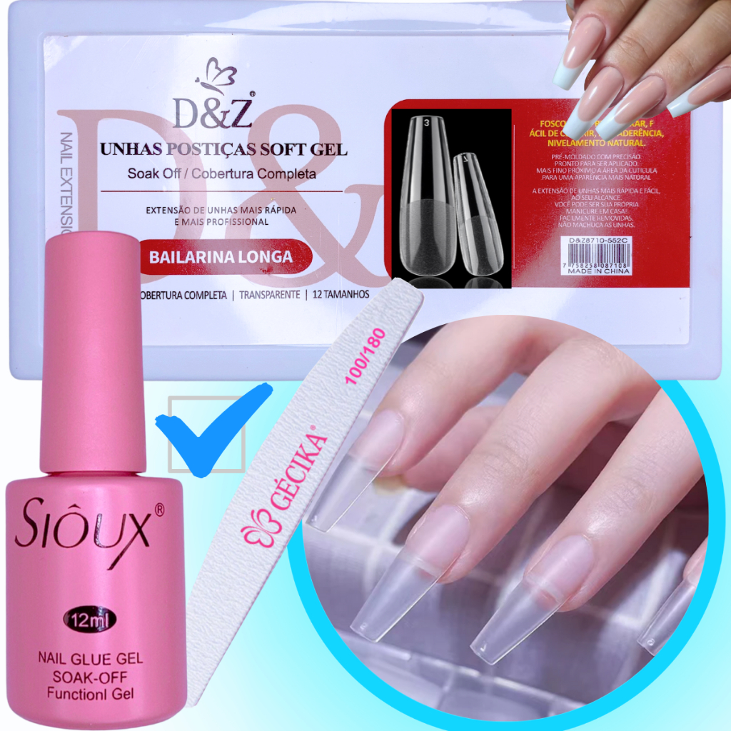 Kit Unha Postica Softgel com Cola Unhas Posticas Soft Gel Alongamento de Unhas Lixa de Unhas ...