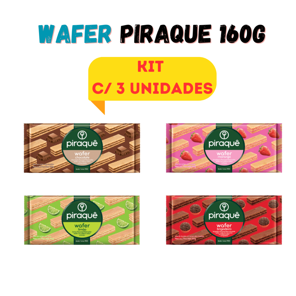Biscoito Bolacha WAFER PIRAQUE 160g - KIT C/3 escolha os sabores Waffer ...