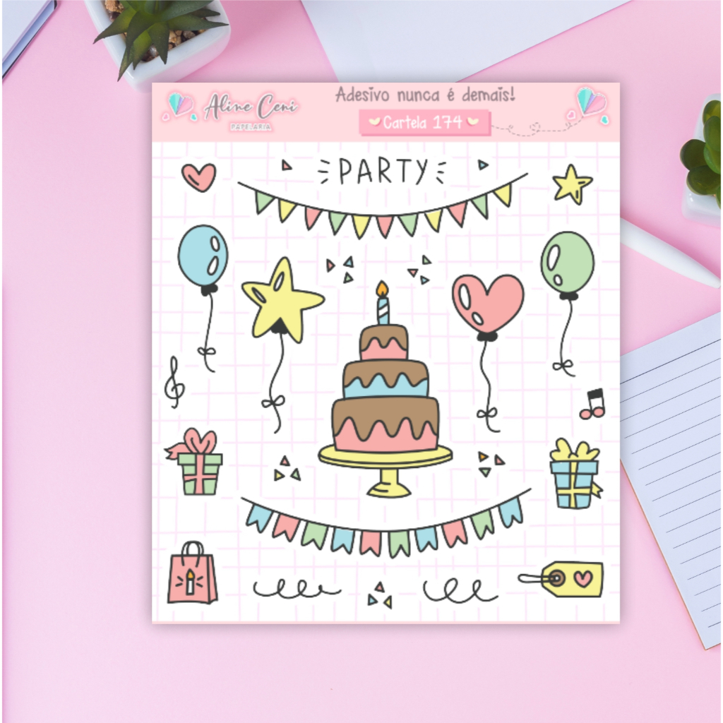 Cartela de Adesivo n 174 - Adesivos de aniversário, festa, balões e ...