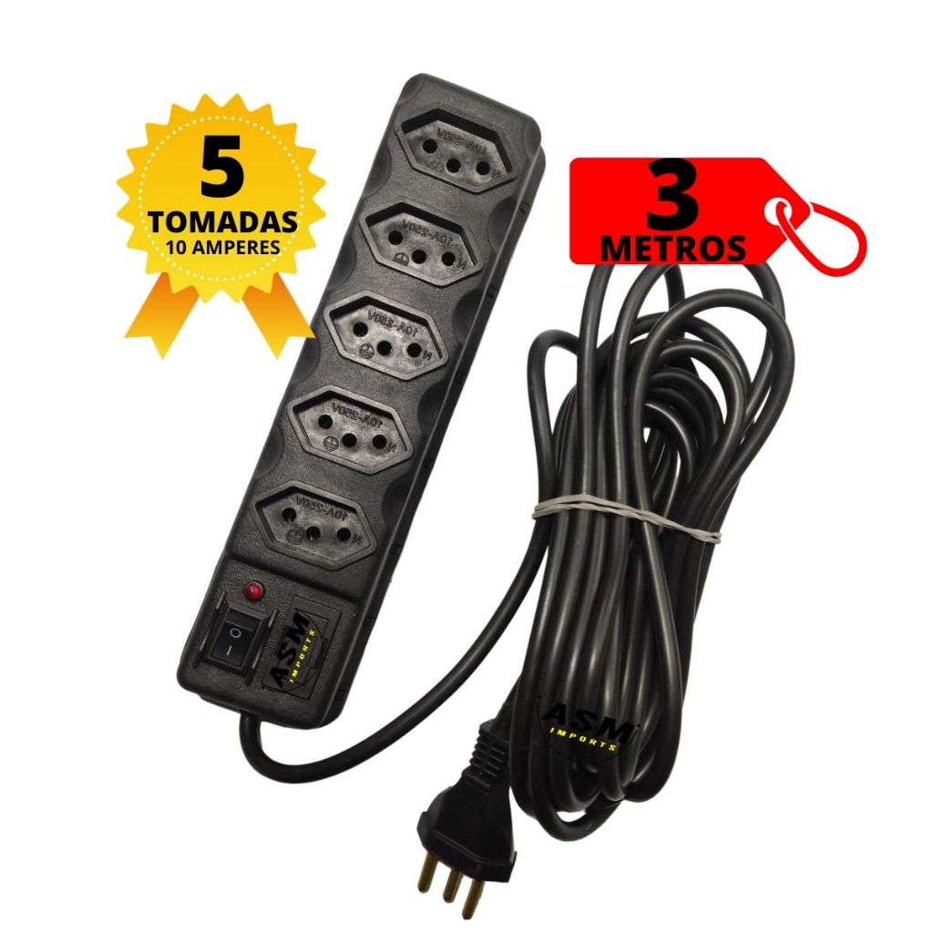 FILTRO DE LINHA RÉGUA DE TOMADAS 5 TOMADAS tripolar 10 Amperes 3 METROS com fusível Disponível ...