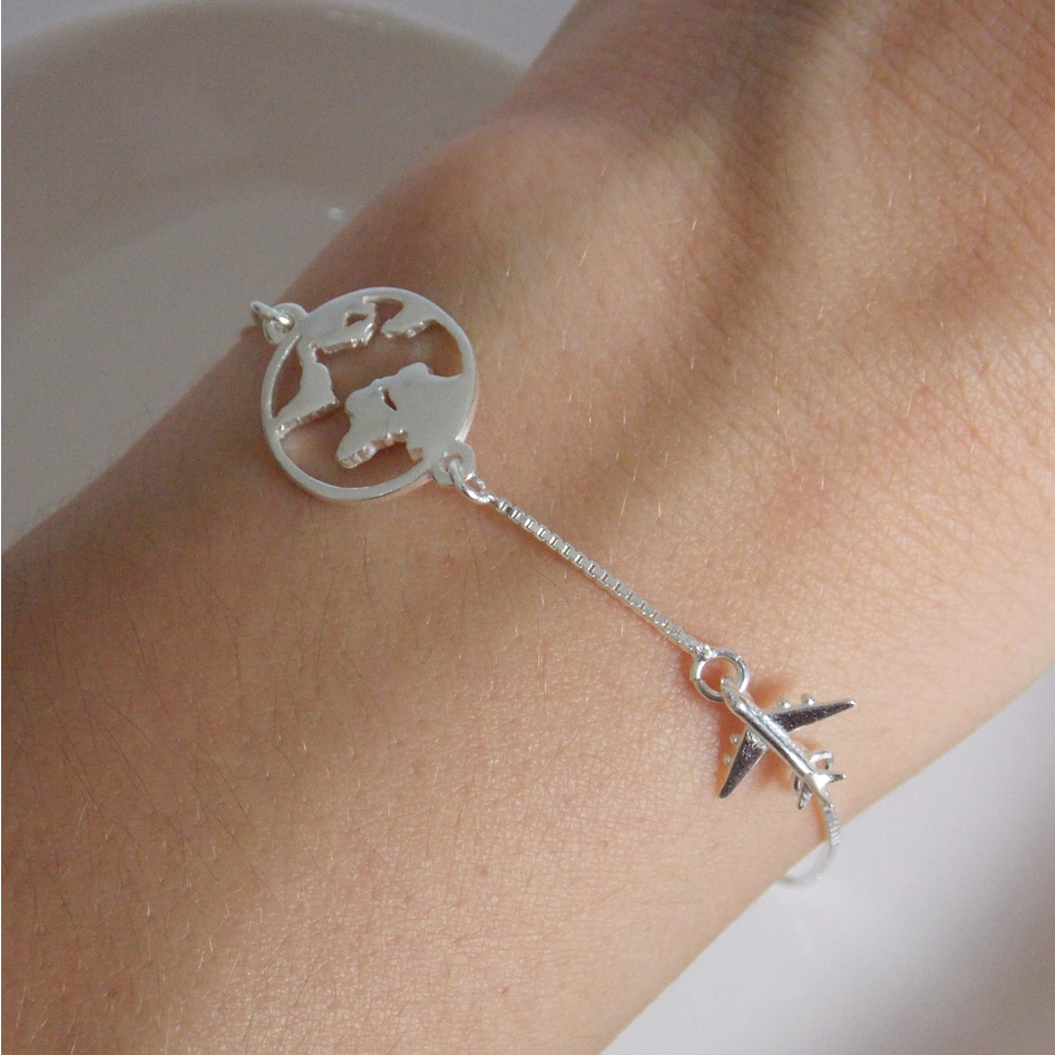 Pulseira Feminina em Prata 925 legitima com pingentes de mapa mundi e ...