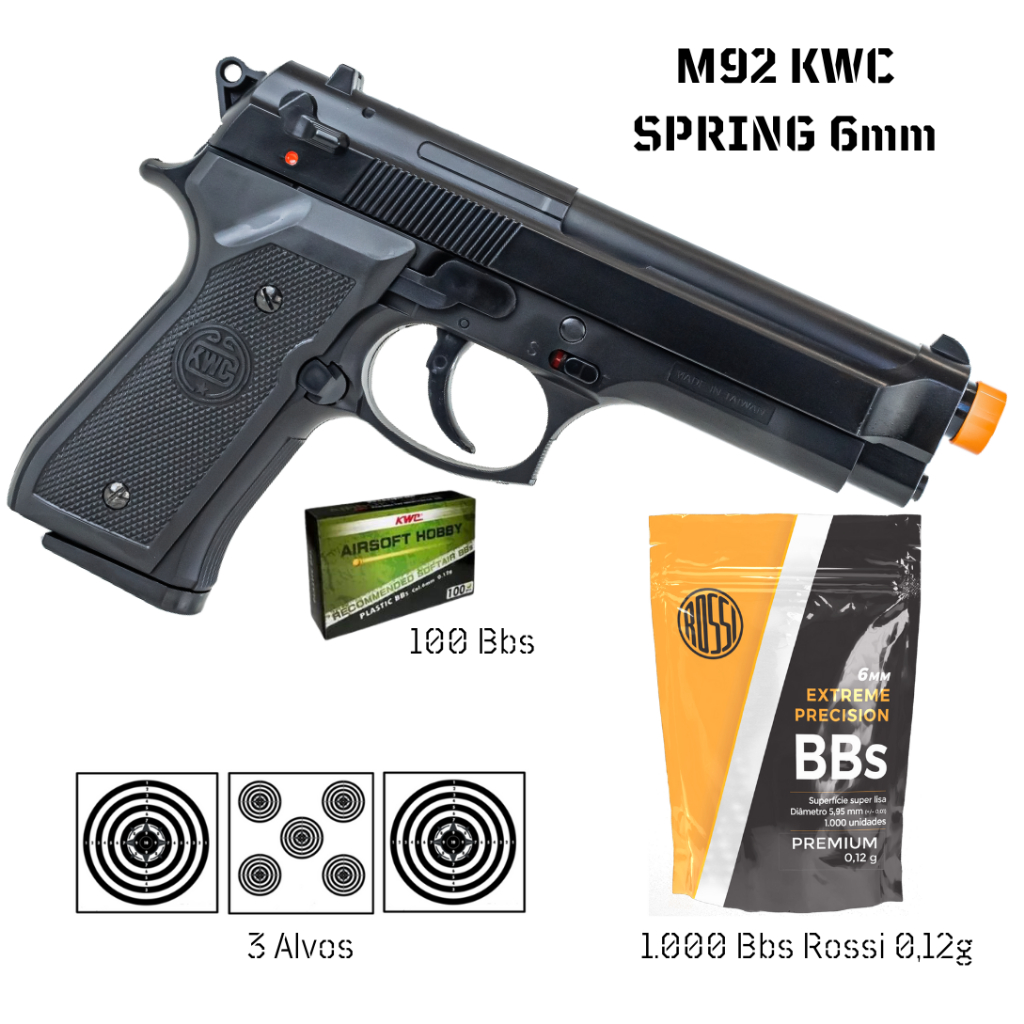 Pistola de Airsoft M92 KWC Spring 6mm + Pct 1.000Bbs Rossi 0,12g + 3 ...