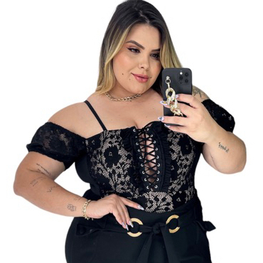 Body Blusa Plus Size Feminina Manguinha De Tule E Decotado No Peito De ...