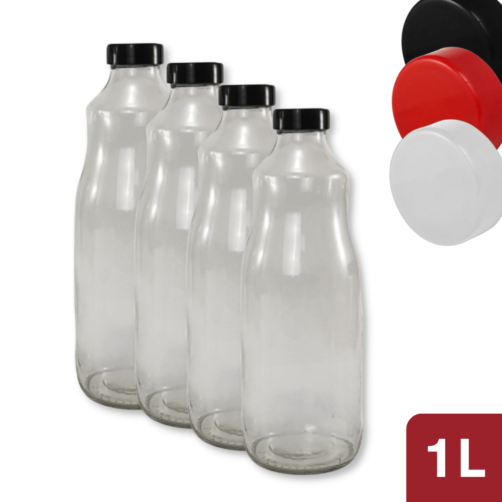 Kit 4 Garrafas De Vidro 1 Litro Para Leite Água Suco Com Tampa Plástica ...