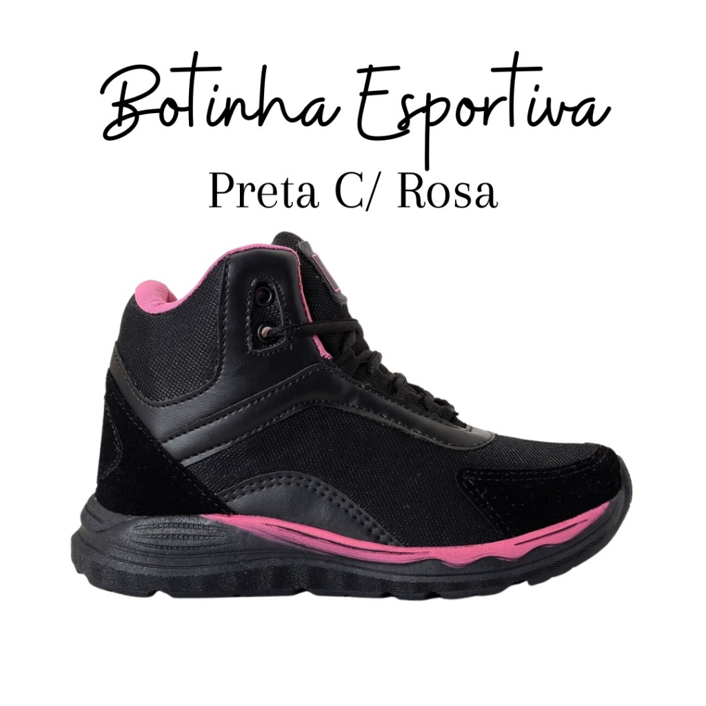 Botinha Bota Tamanho Especial Esportiva Preto C/ Rosa Leve e ...