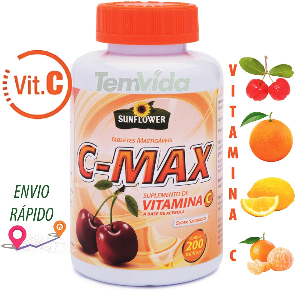 Vitamina C Imunidade C-MAX Tabletes Mastigáveis de 500mg Sunflower ...