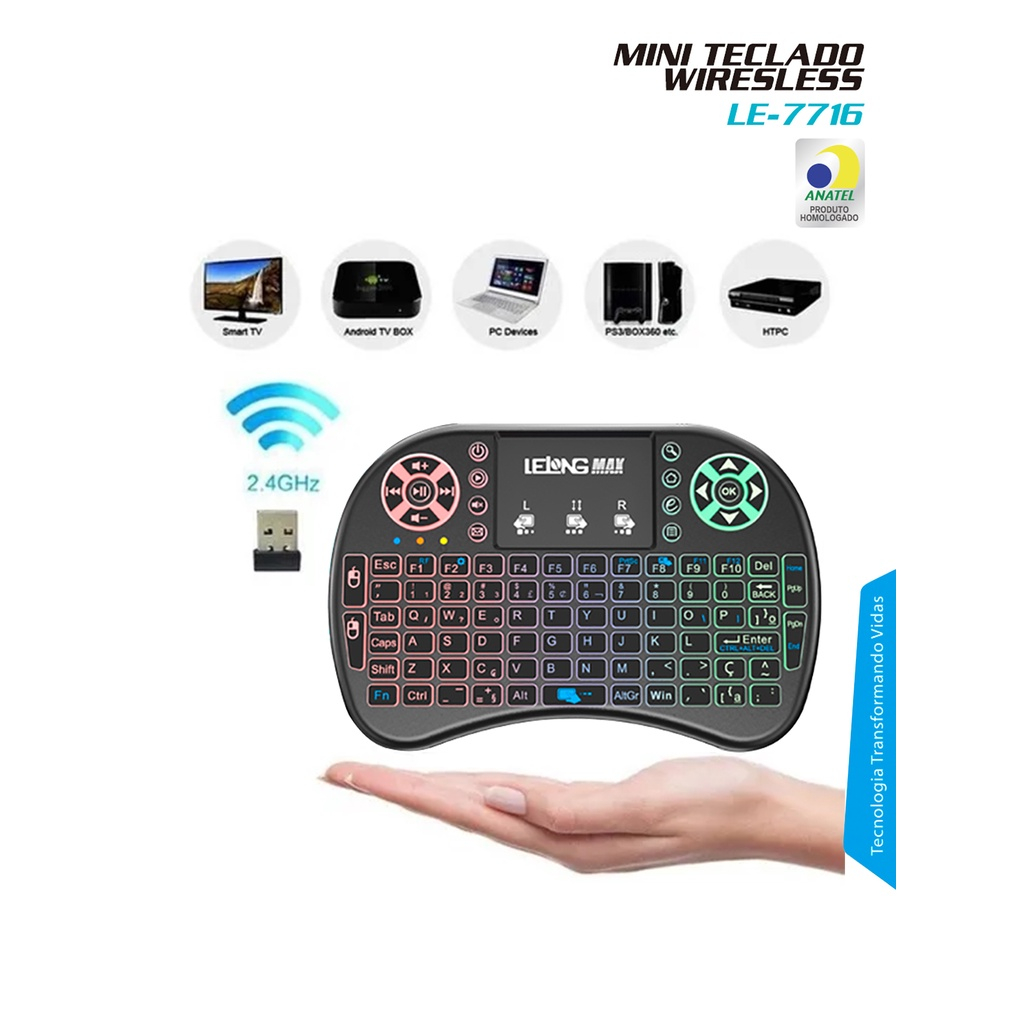 Teclado Sem Fio Controle Para TV Box⁄Smart⁄Pc Iluminado Luz LED ...