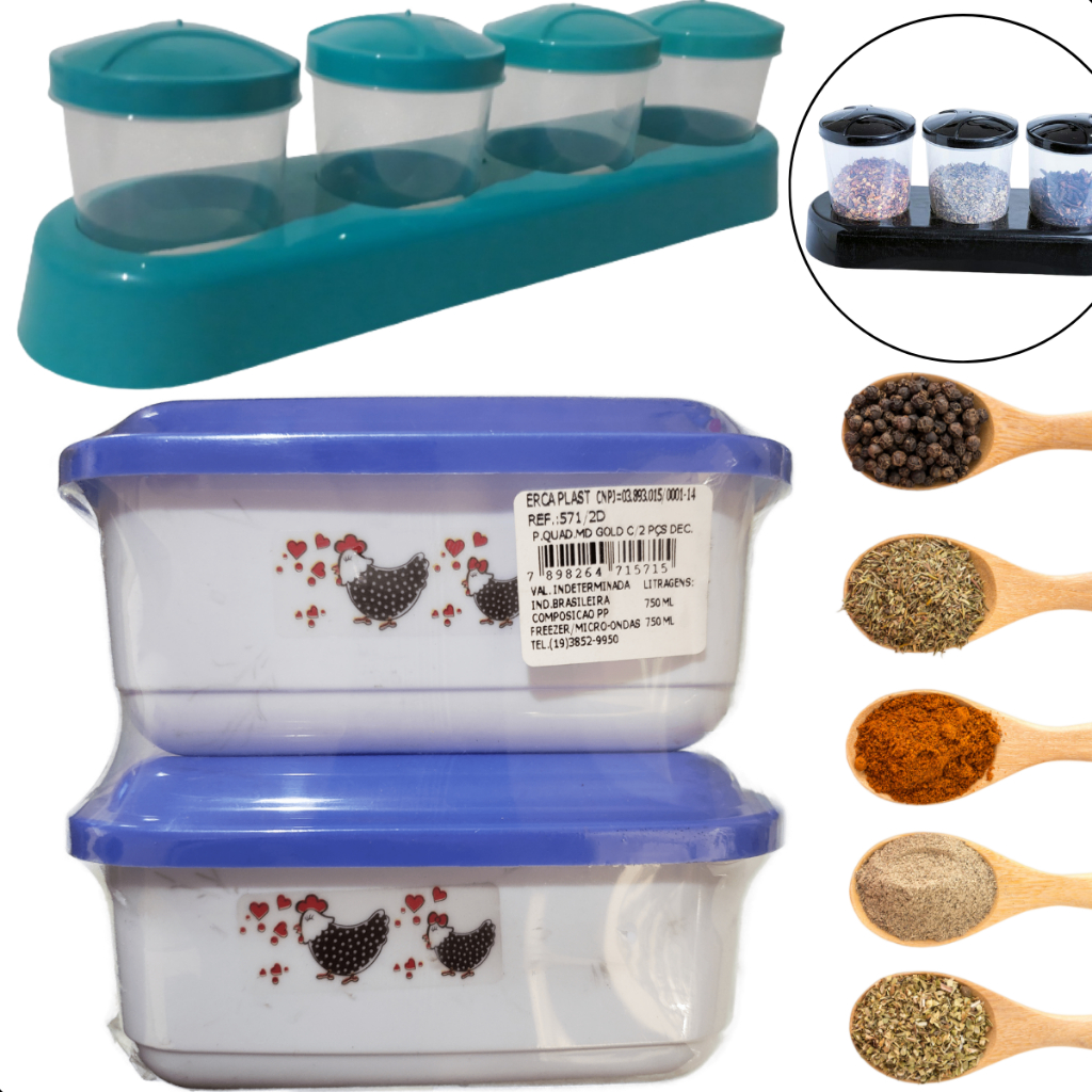 Kit Porta Condimento/Tempero 100 mL com suporte + Potes/Vasilhas ...