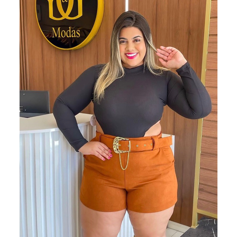 Body Canelado Plus Size Cavado Manga Longa Gola Alta | Shopee Brasil