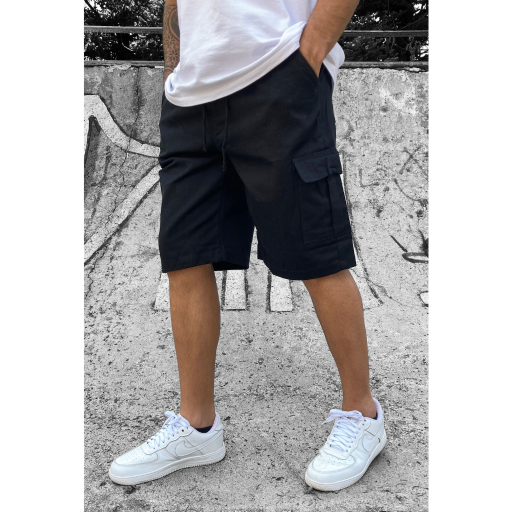 Bermuda Cargo Larga Short Masculino Skate Plus Size 6 Bolsos Preta