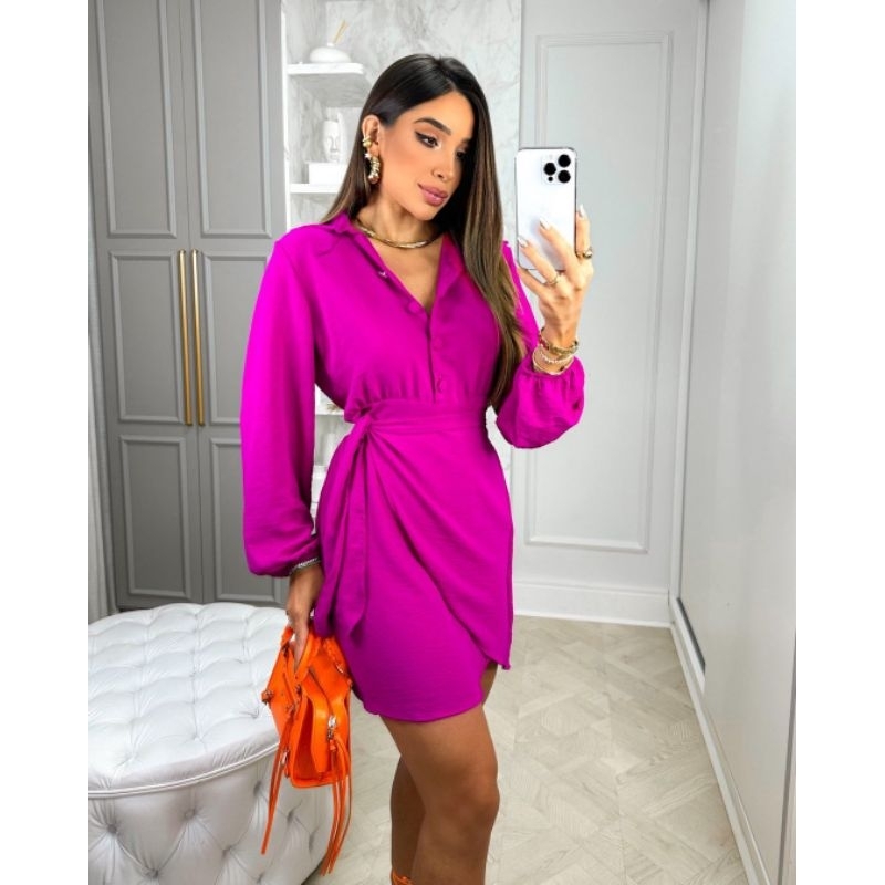 Vestido Shamise Manga Longa Bufante Soltinho De Amarrar Estilosa Nova ...