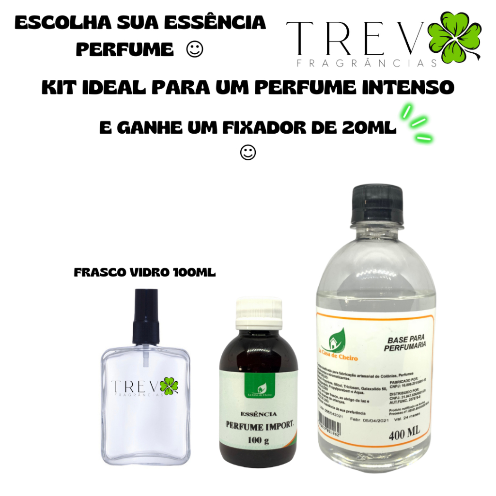 1 Essência Perfume Importado 100g + 1 Base Pronta 400ml + Frasco Vidro ...