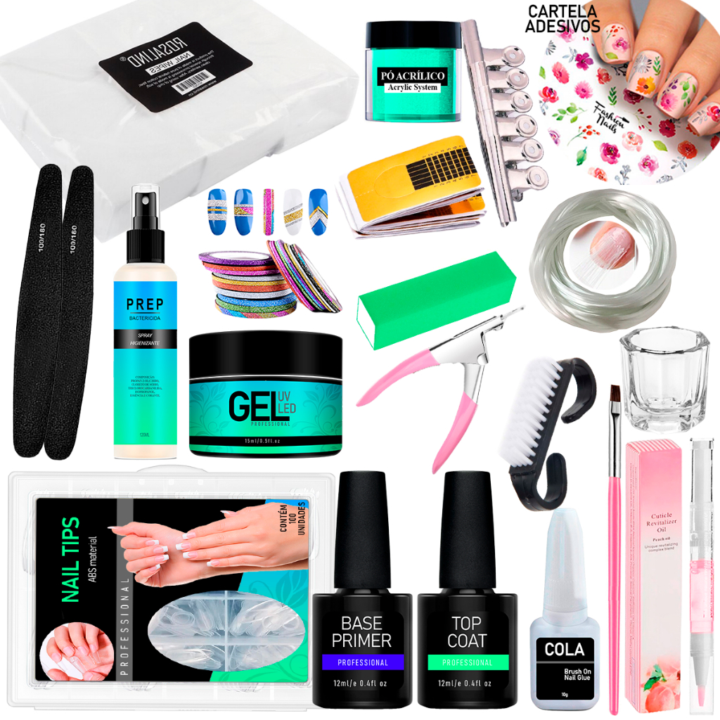 Kit Unhas em Gel Alongamento na Fibra com Top Coat Primer Manicure ...