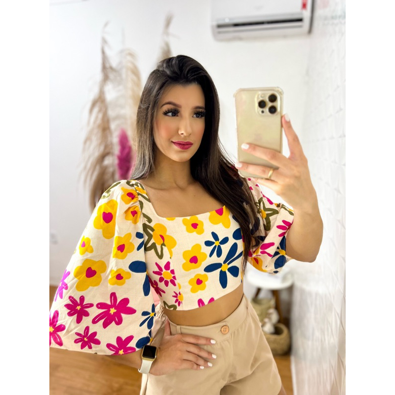 Cropped estampado inspiração farm com mangas (roupa feminina) | Shopee ...