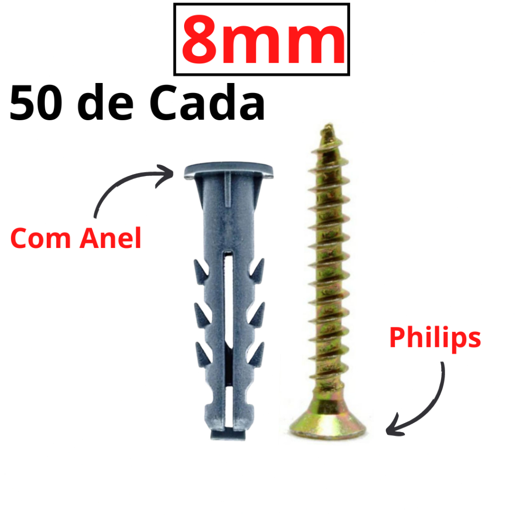 Bucha 8mm com Parafuso 8 Kit 50 ParafusoS 8 e Bucha 8 com Anel para ...