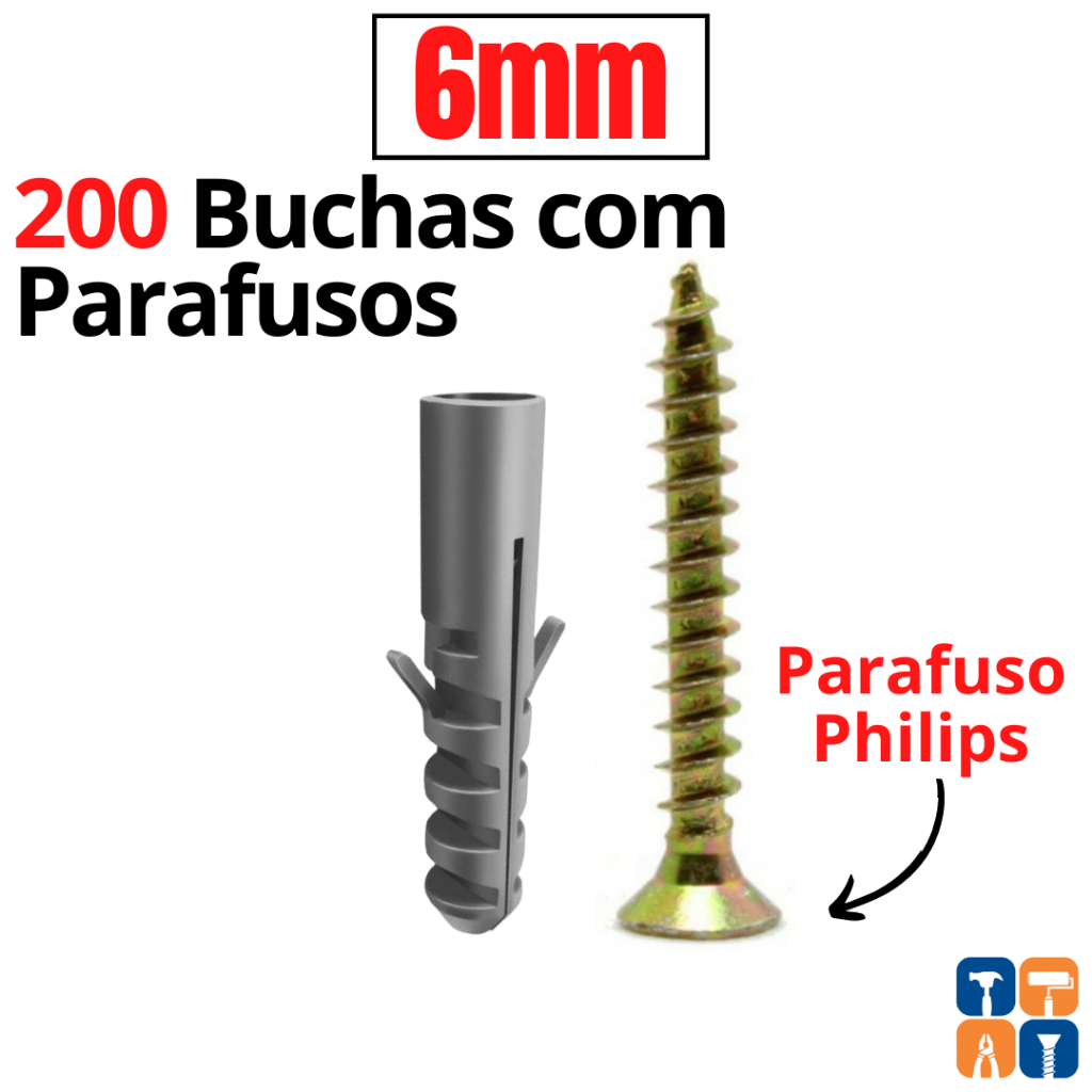 Kit Bucha 6mm Com Parafuso 6 Kit Parafusos Phillips E Buchas 6 Para