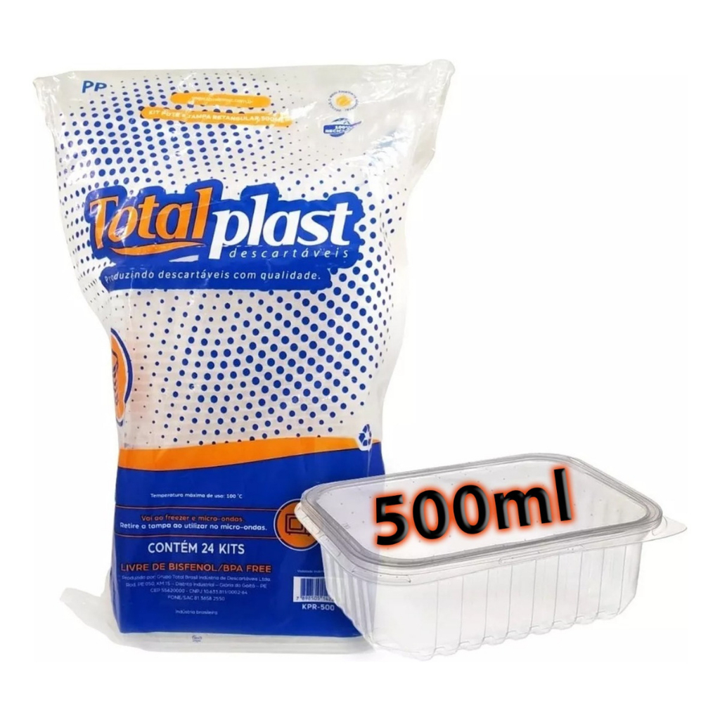 Pacote com 24un Pote retangular Marmita Descartável 500 ml Fitness Fit Freezer Microondas dieta ...