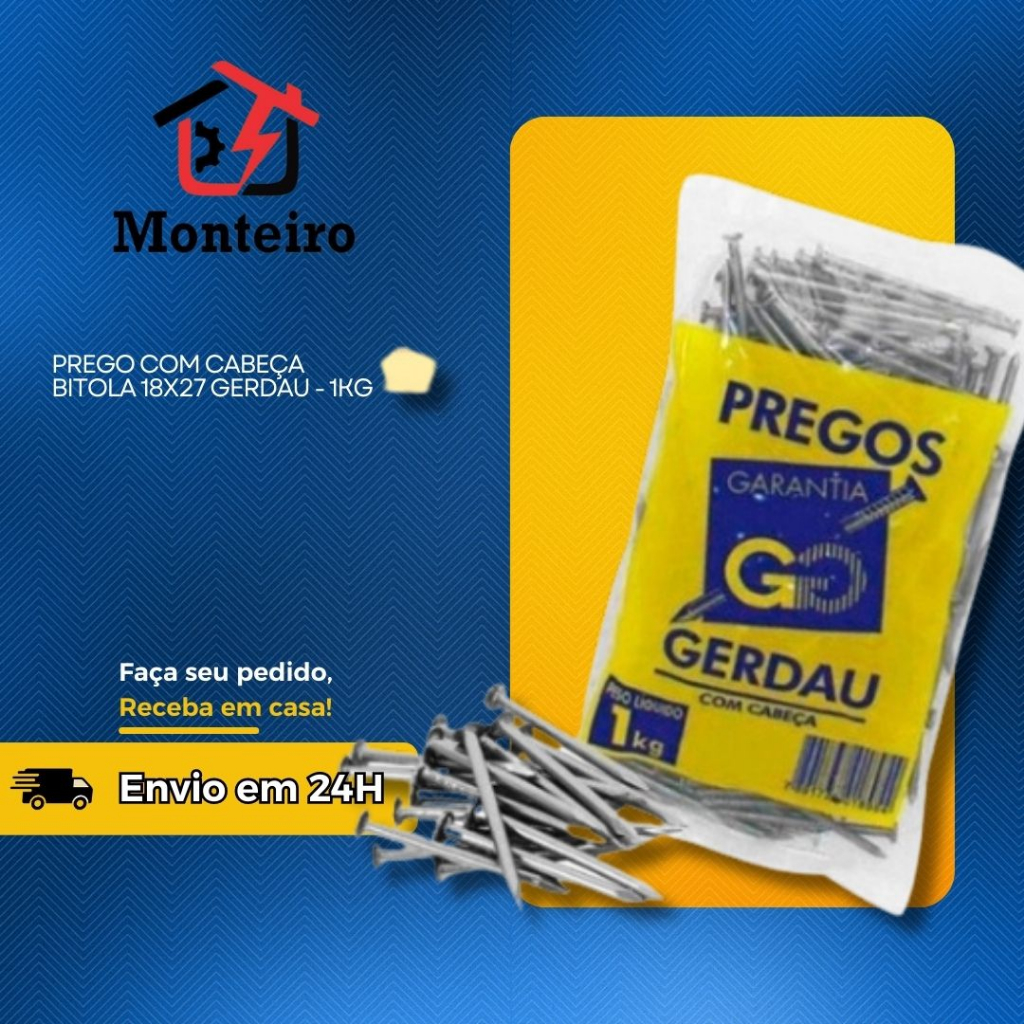 Prego com Cabeça Bitola 18x27 Gerdau - 1k Fixação Construção Obras ...
