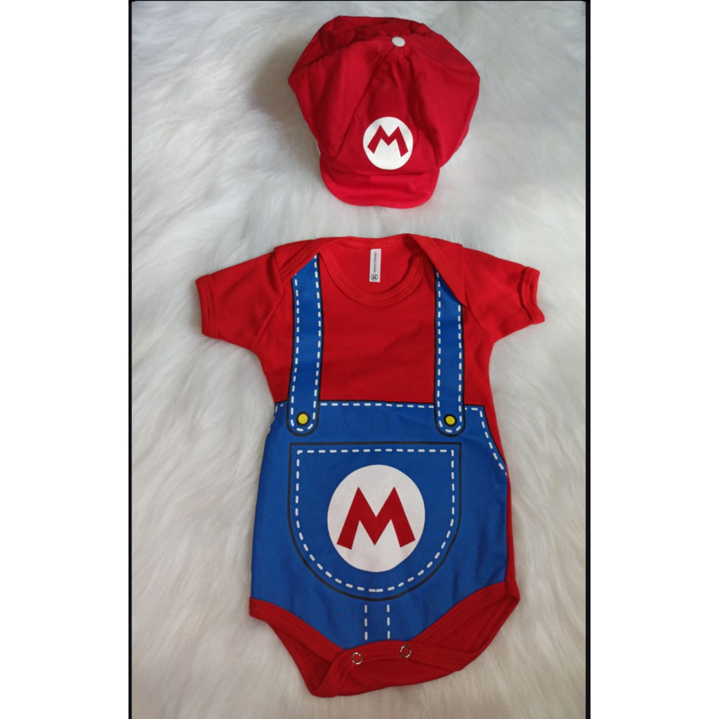 Body Mario Bros bebe + boina mesversario tematico menino | Shopee Brasil