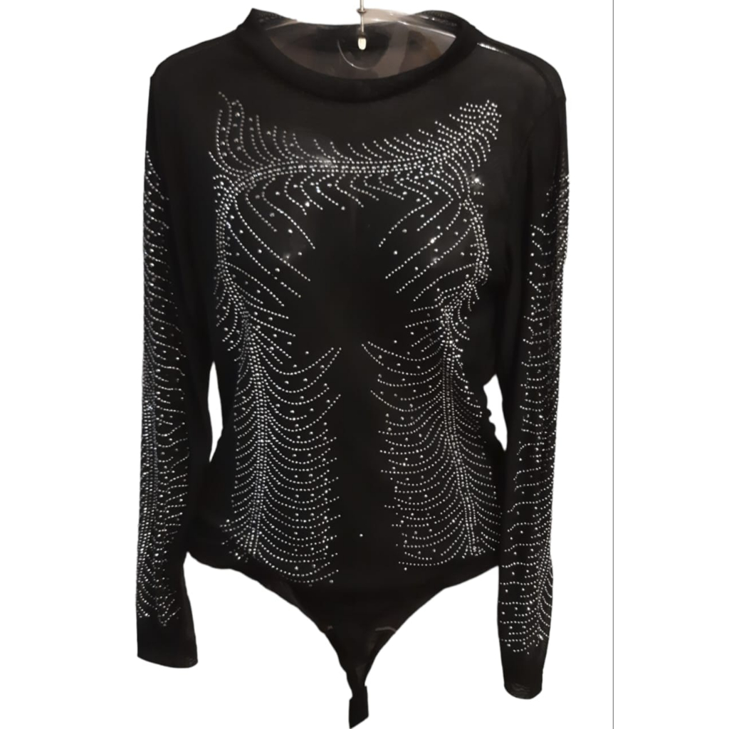 Body Feminino Tule Transparente Em Strass E Preto Liso Manga Comprida ...