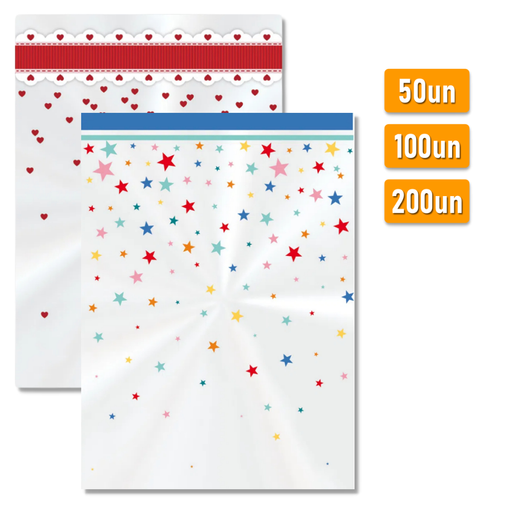 Saquinho transparente decorado coração, estrela, 10x14, 11x19,5, 15x22 ...