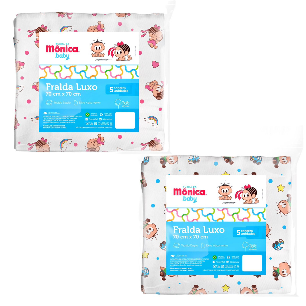 Fralda Pano Bebê Tecido Duplo 100% Algodão Turma da Mônica Baby 5 Pçs ...