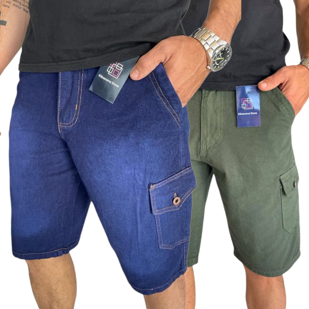 Kit 2 Bermuda Masculina Jeans E Brim Cargo Com 6 Bolsos Bermudas Mais ...