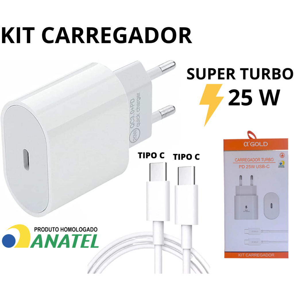 Carregador Turbo Fonte 25W Com Cabo USB Tipo C Anatel Android Rápido ...
