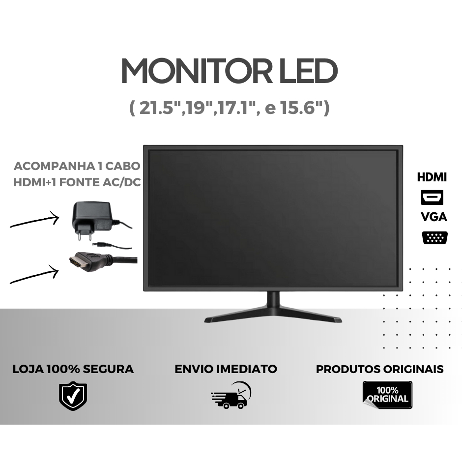 Monitor Led Pc Gamer Camera 22" Polegadas Com Entrada HDMI/VGA Acompanha 1 cabo HDMI 1 fonte AC ...
