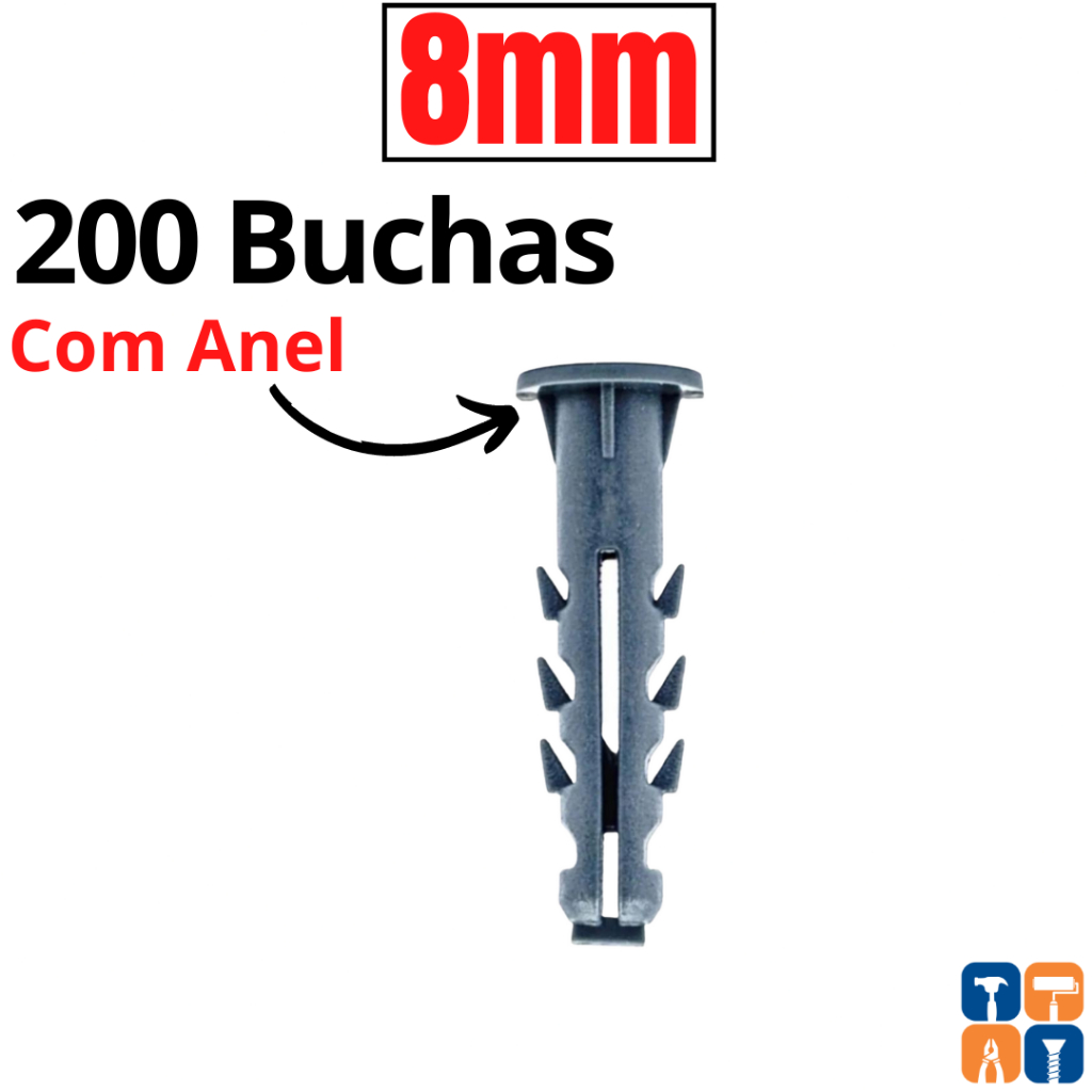 Bucha 8 Fixação com Anel Aba Kit 200 Buchas 8mm Fixação para Parede com ...